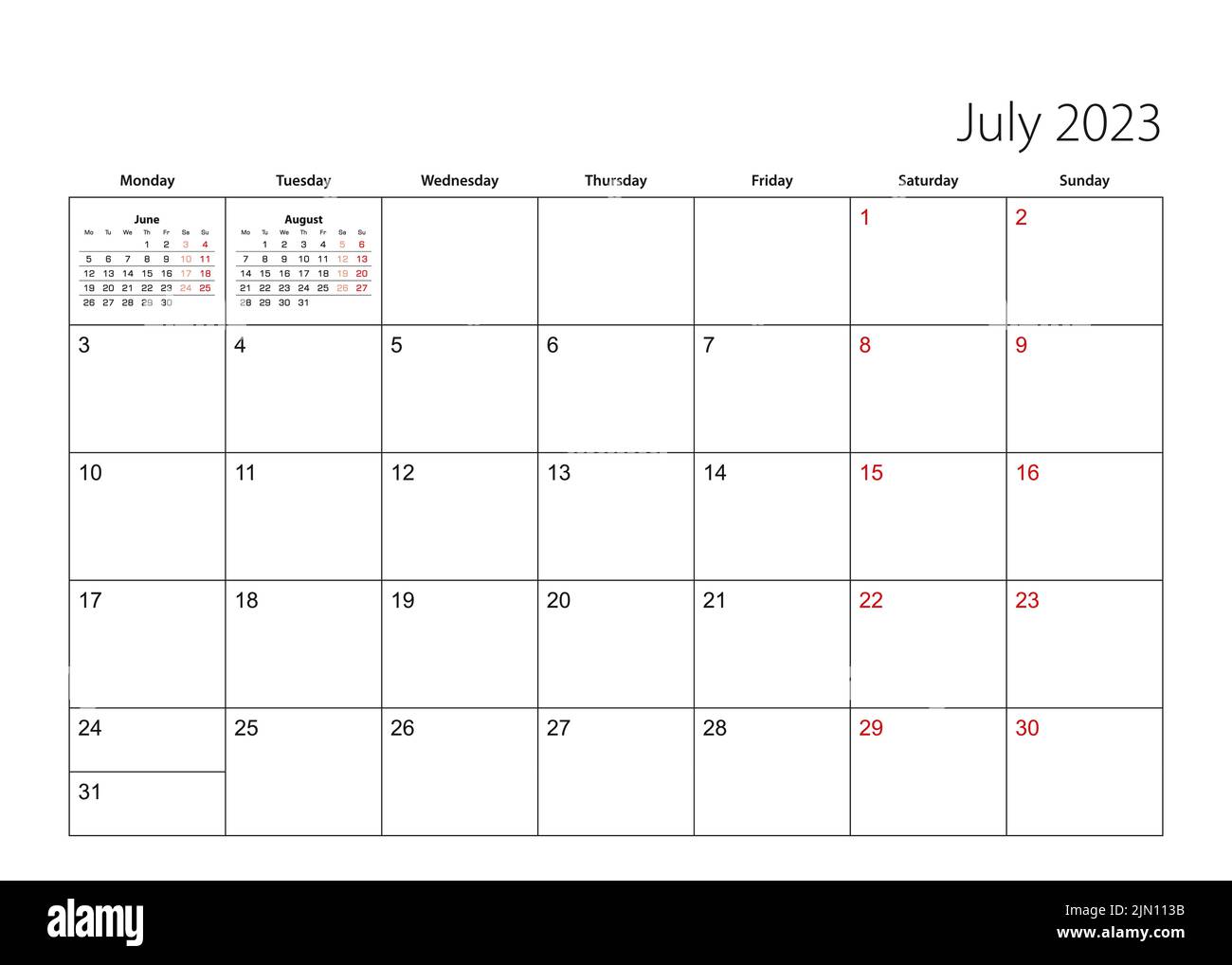 July 2023 simple calendar planner, week starts from Monday. Vector ...