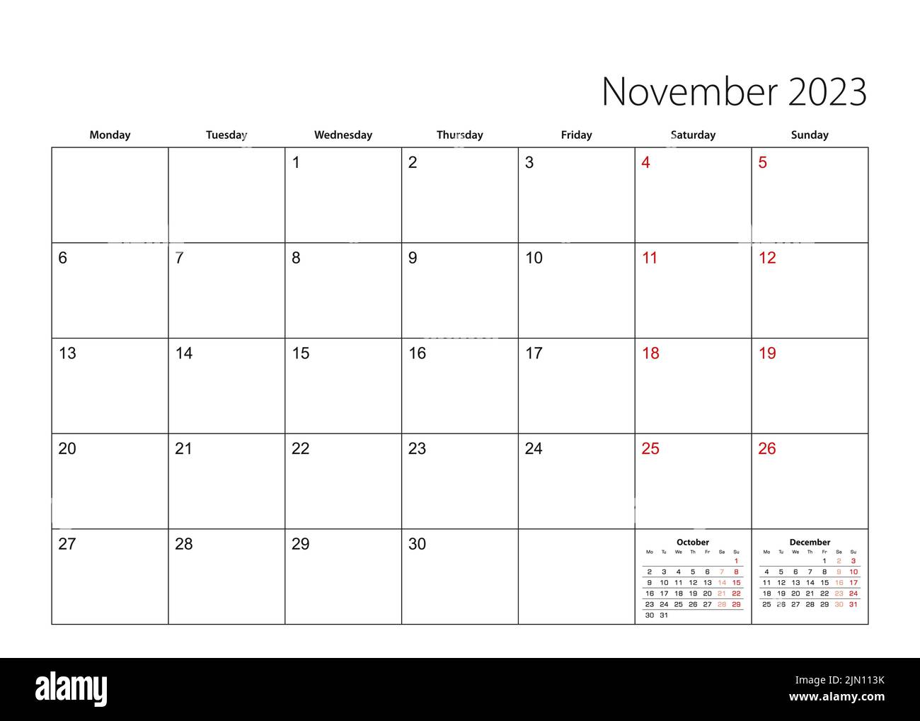 November 2023 simple calendar planner, week starts from Monday. Vector ...