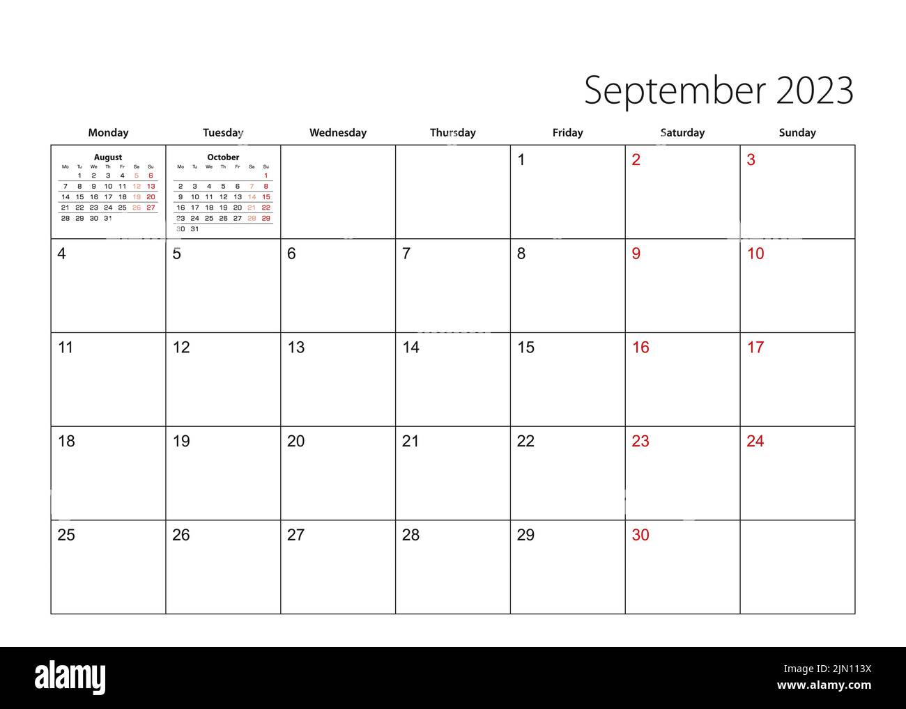 September 2023 simple calendar planner, week starts from Monday. Vector ...