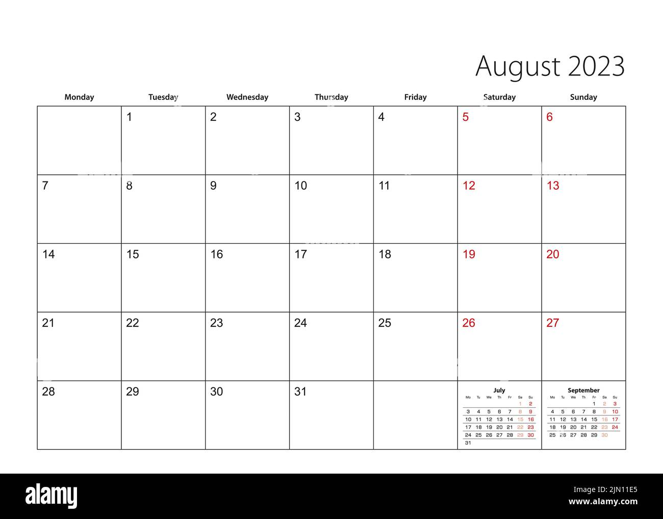 August 2023 simple calendar planner, week starts from Monday. Vector ...