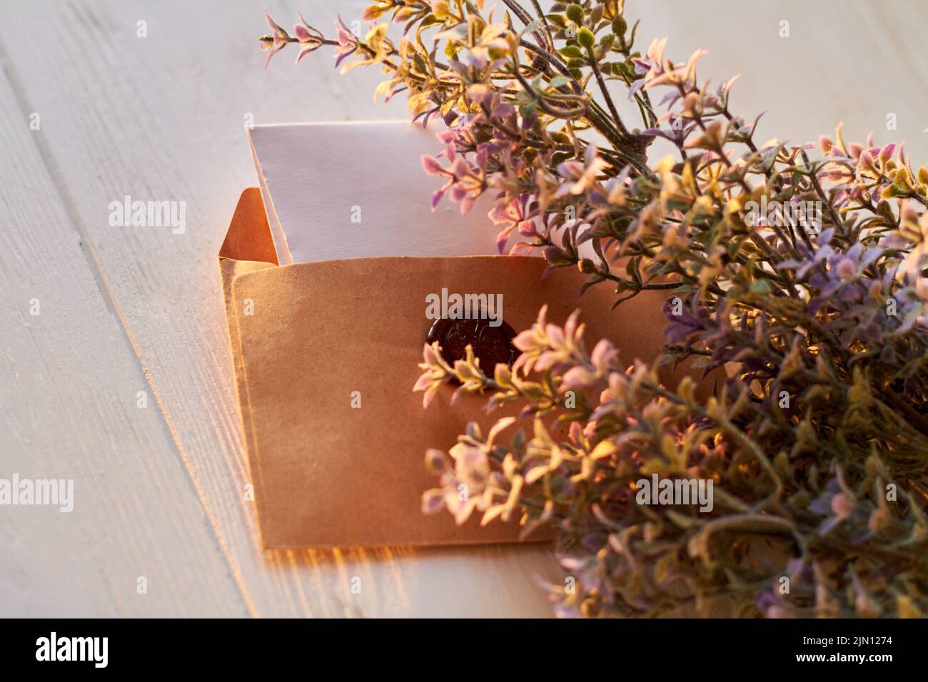 Close up envelope with seal and herbs. Letter on white wood Stock Photo ...