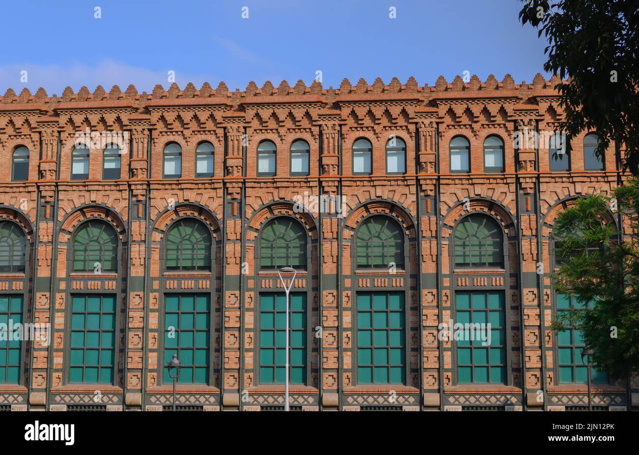 Horizontal shot of the facade of red and blue vintage building in ...