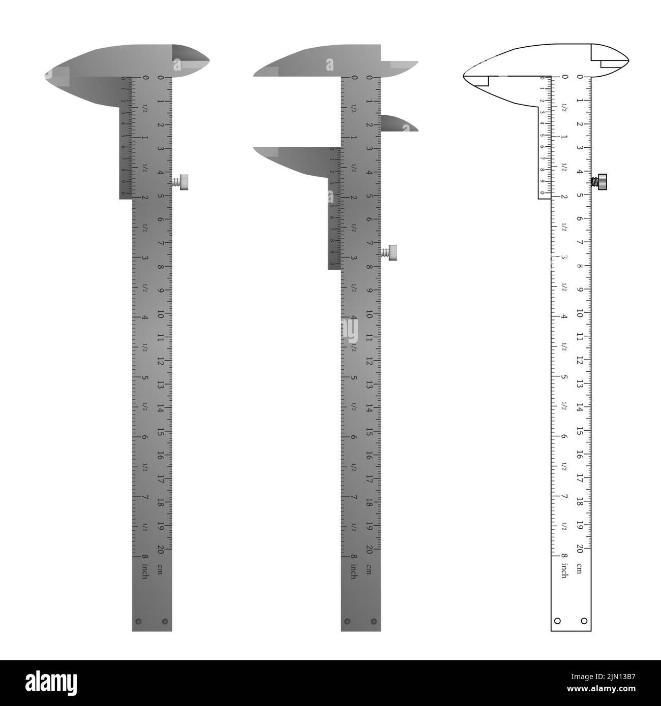 Metal vernier caliper set, outline drawing vector illustration Stock ...