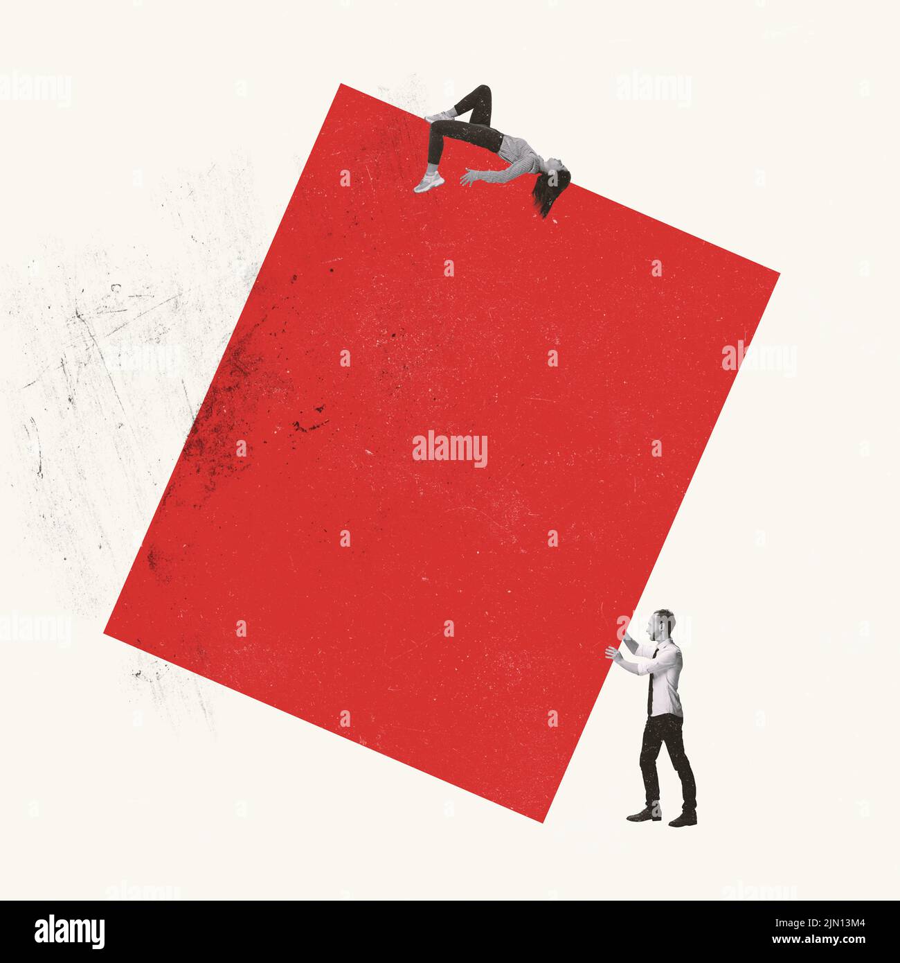 Contemporary art collage. Young office worker holding and pushing big ...