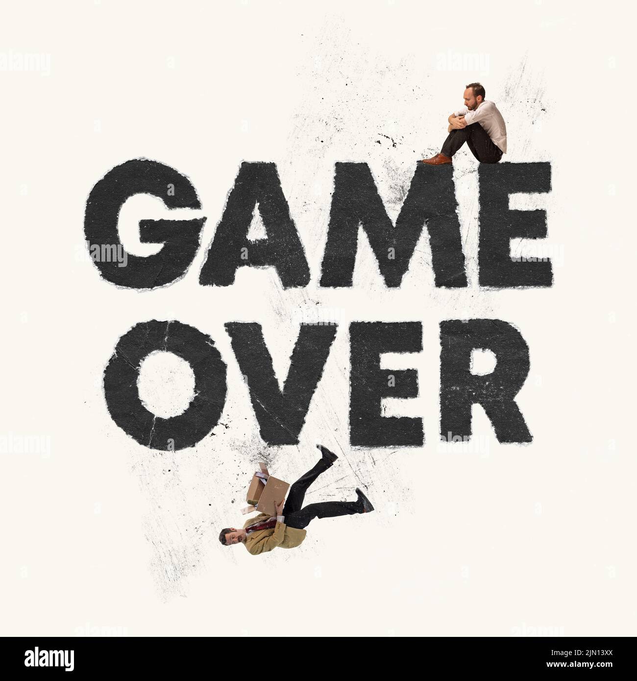 Contemporary art collage. Two desperate, sad man quitting a job. In ...