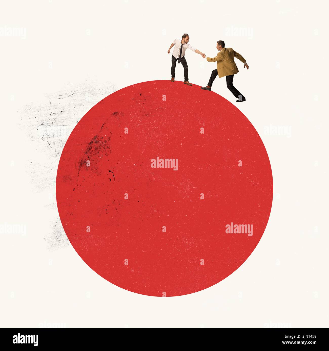 Contemporary art collage. Two men, employees holding hands and running ...
