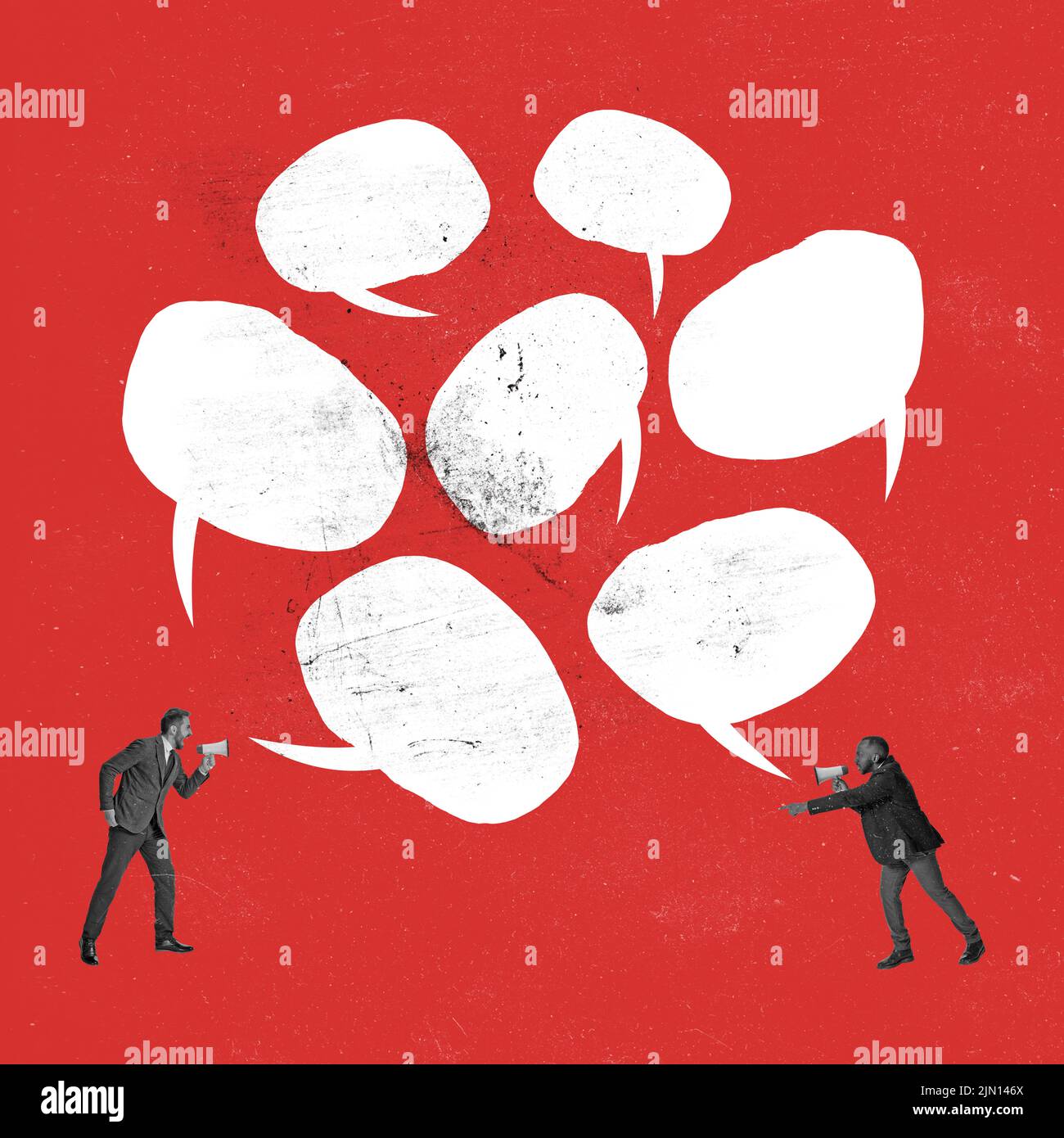 Contemporary art collage. Two active, emotive businessman shouting at ...