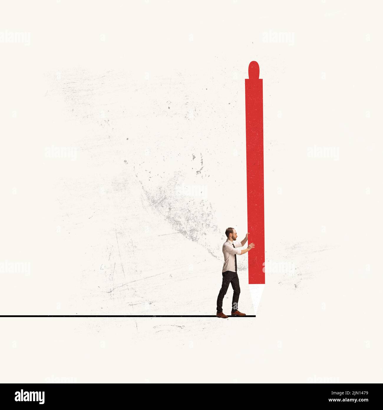 Contemporary art collage. Motivated and concentrated employee pushing ...