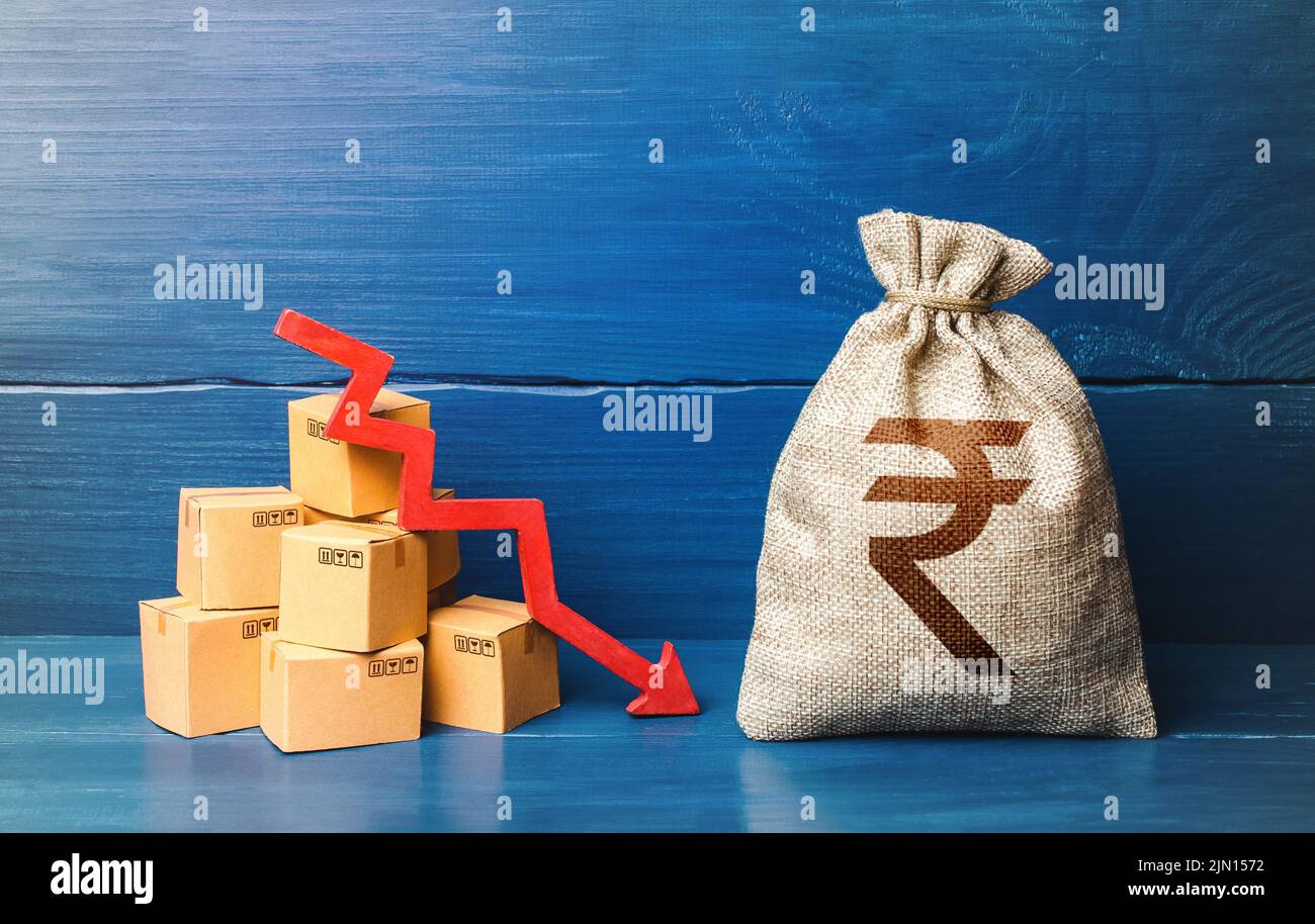 Indian rupee money bag with boxes and down arrow. Income decrease ...