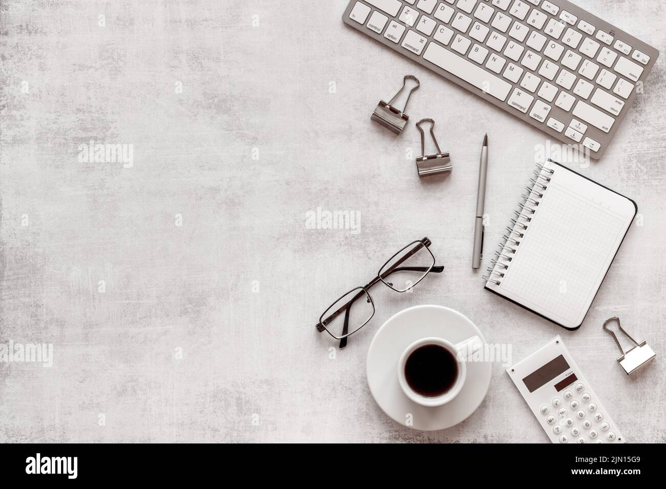 Monochrome colored home work place table with computer. Top view Stock ...