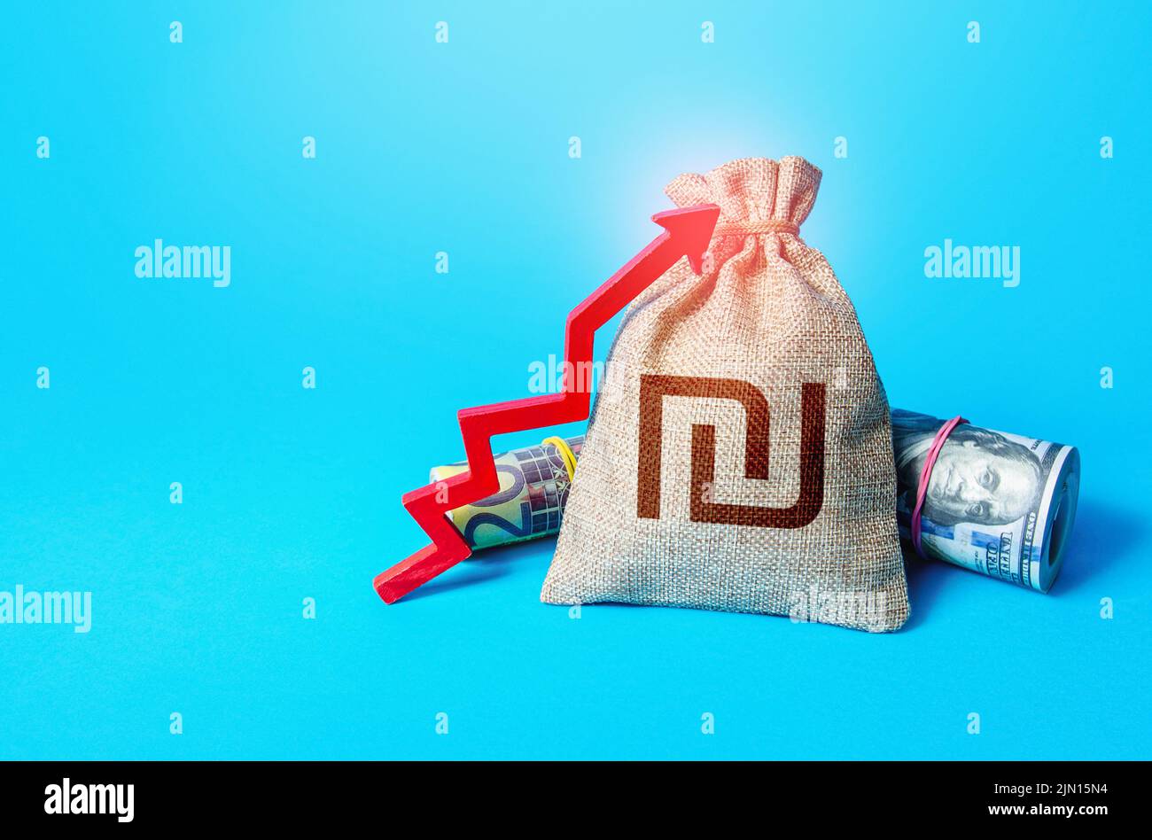 Israeli shekel money bag and red up arrow. Economic growth, GDP ...