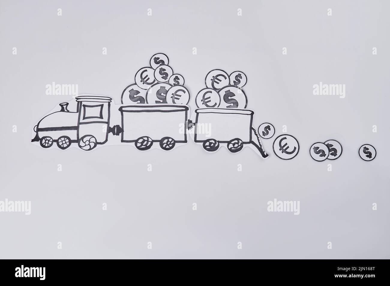 Hand drawn train full of money currency signs. Pile of dollars and ...