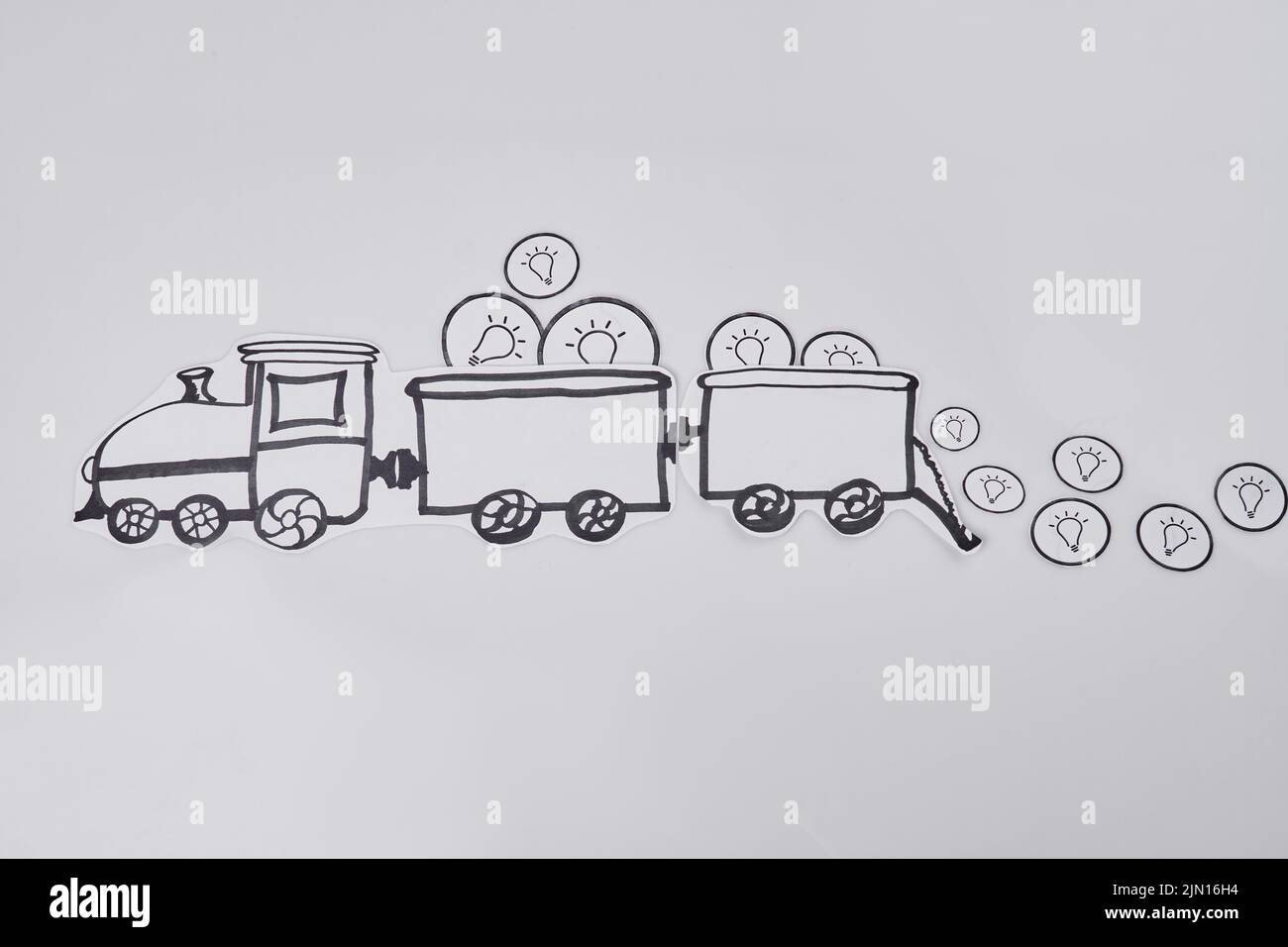 Hand drawn train full of light bulbs. Wagon of ideas concept Stock ...