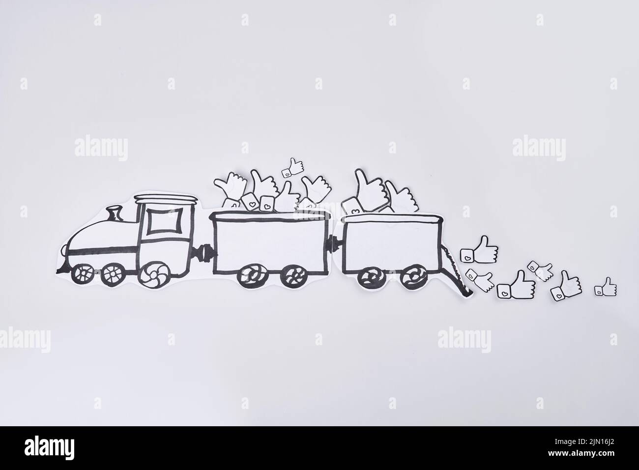 Hand drawn train full of likes on white background. Wagons with piles ...