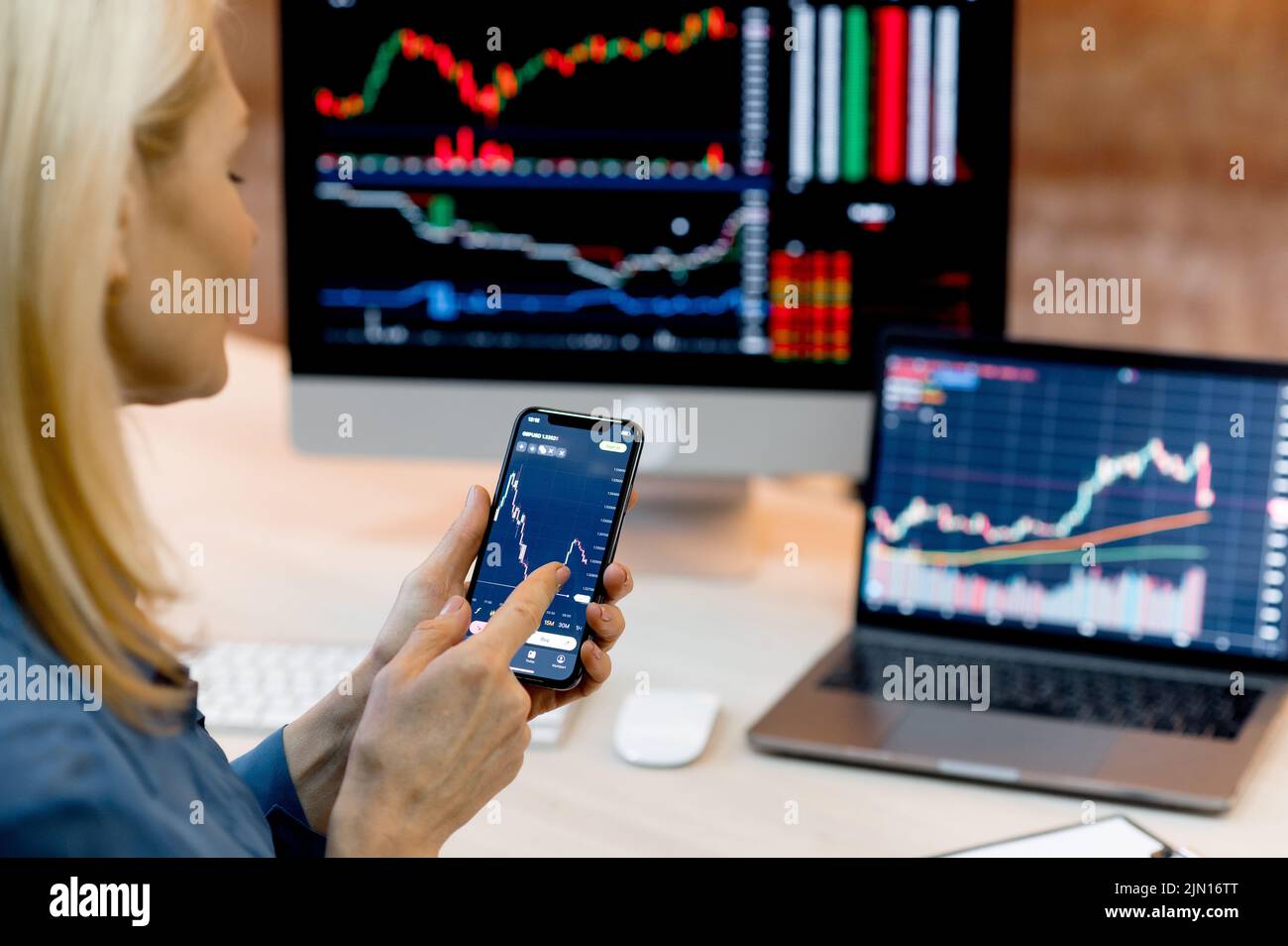 Smart phone with stock diagrams on screen in female hands.Female crypto ...