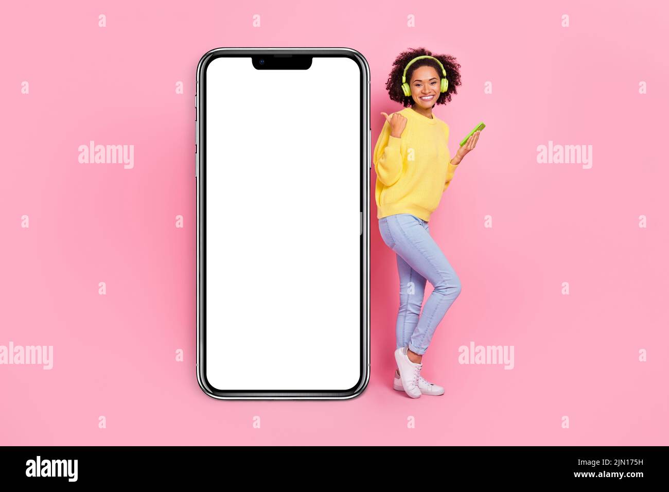 Full size profile side photo of young girl indicate finger promo select ...