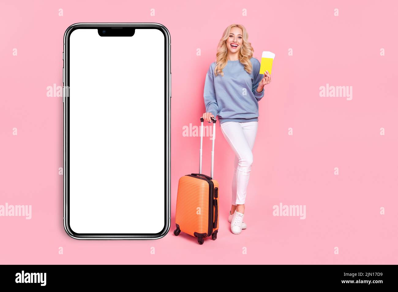 Full size photo of young cheerful girl trip vacation documents bag ...