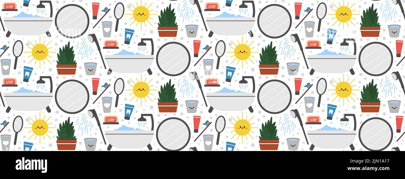 Seamless repeating bathroom pattern with shower and personal care items ...
