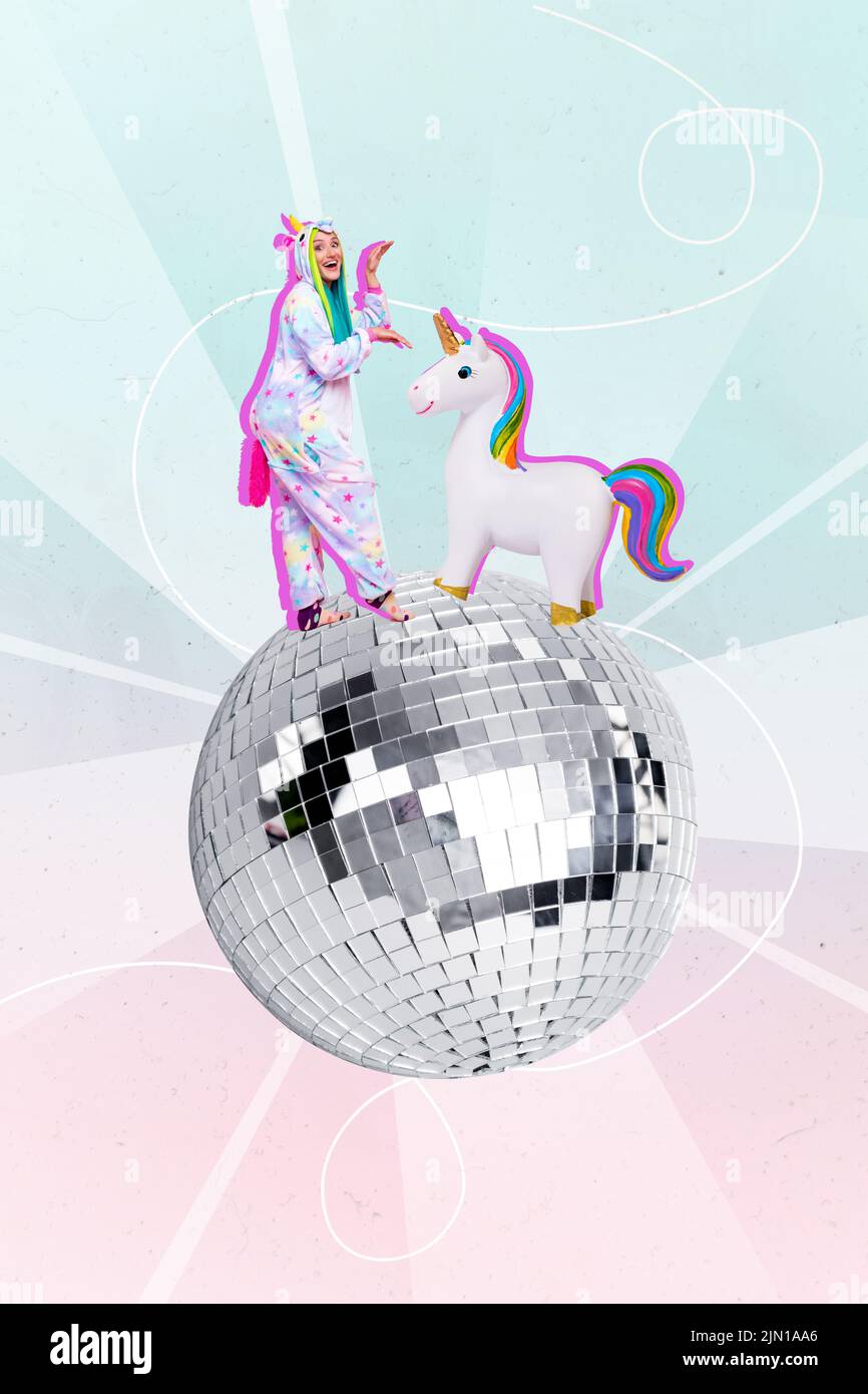 Creative artwork collage of excited cute lady in kigurumi nightwear daydreaming dancing huge ...