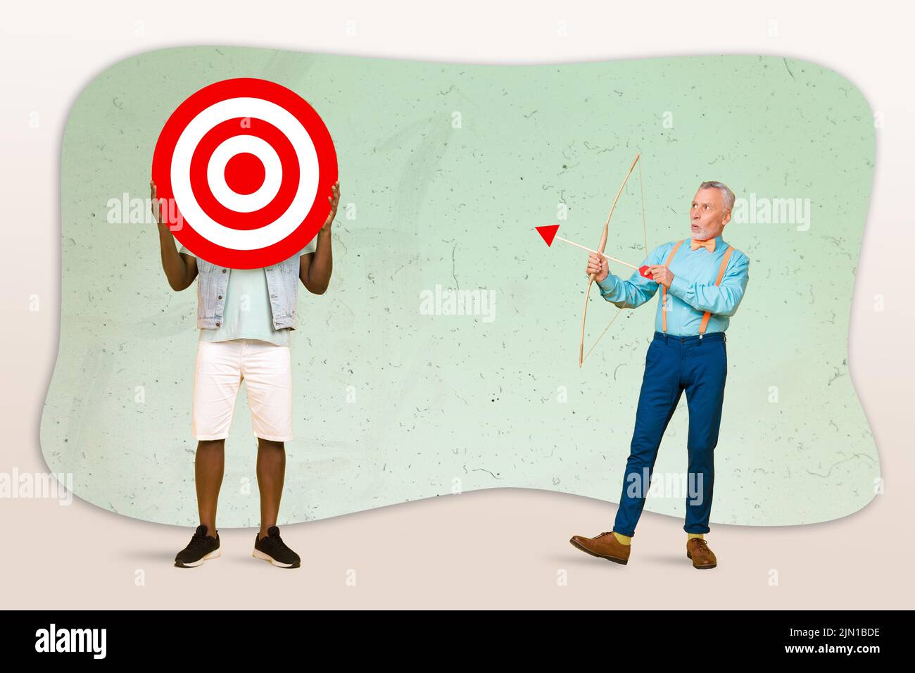 Composite collage illustration of two people arms hold darts cover head ...