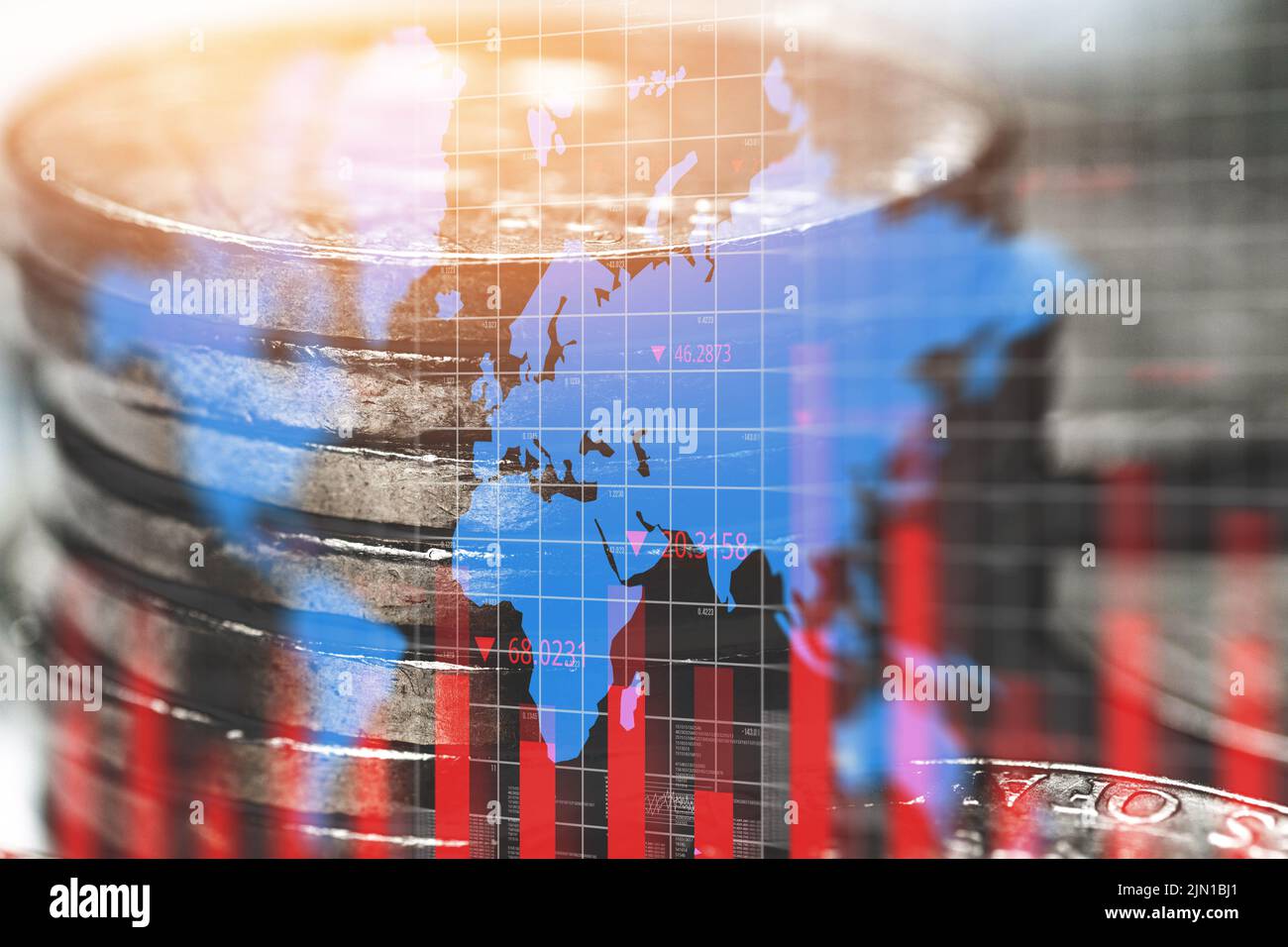 Money and business concept. Negative falling chart with world map on ...