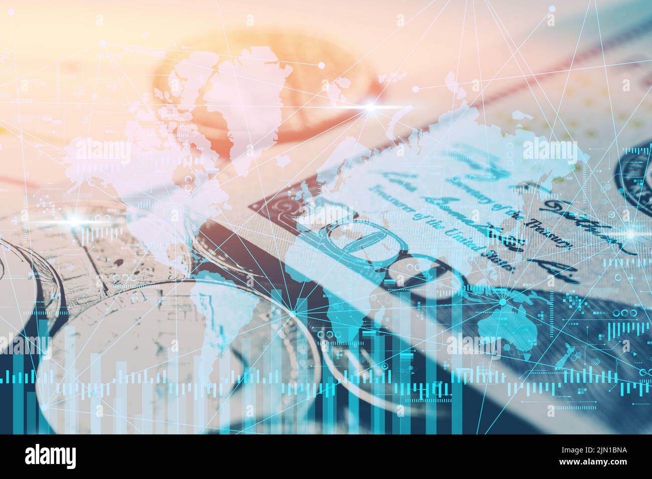 Money and business concept. Financial charts with a world map on the ...