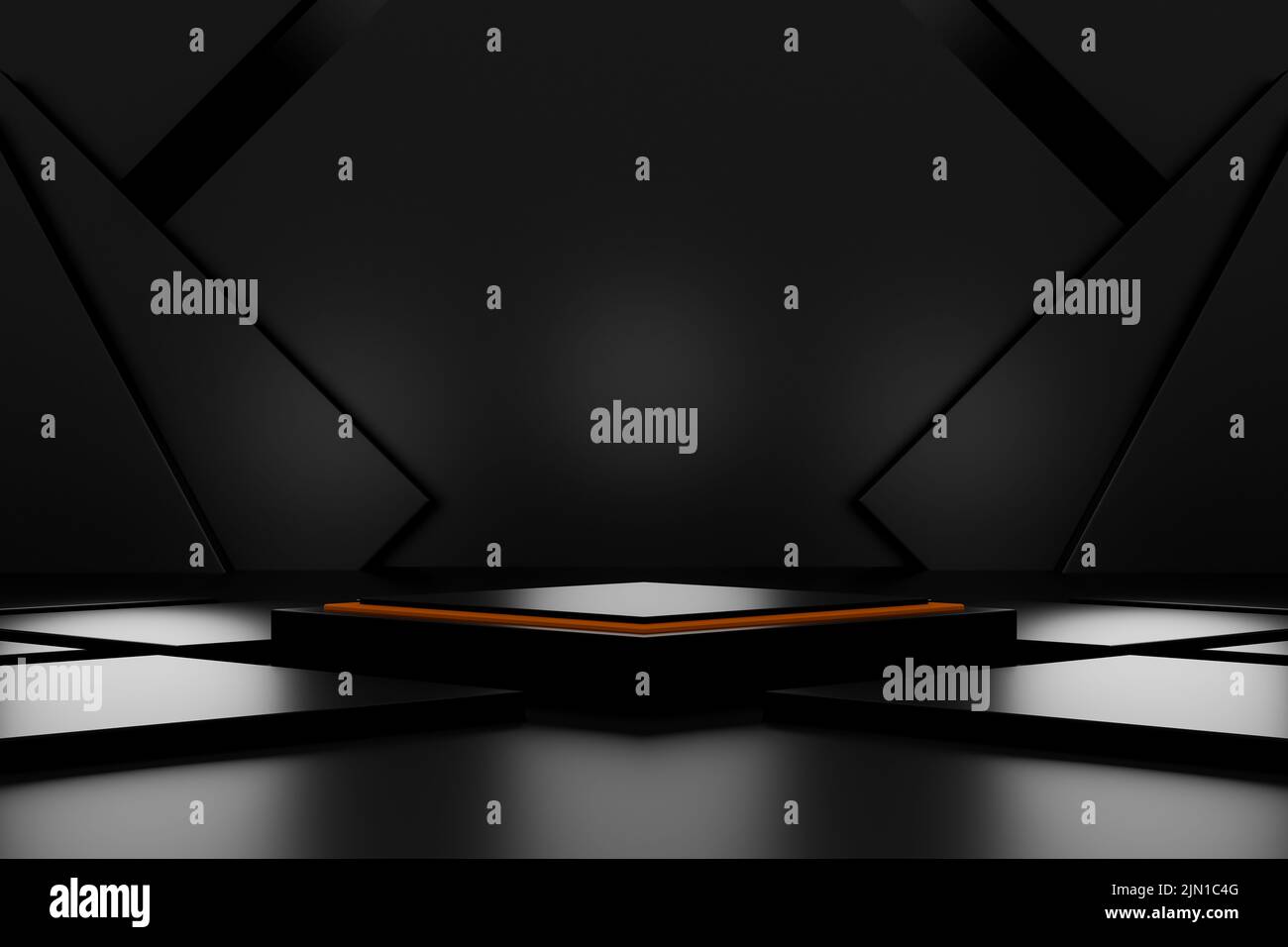 black geometric stage podium and neon light. dark scientific background ...