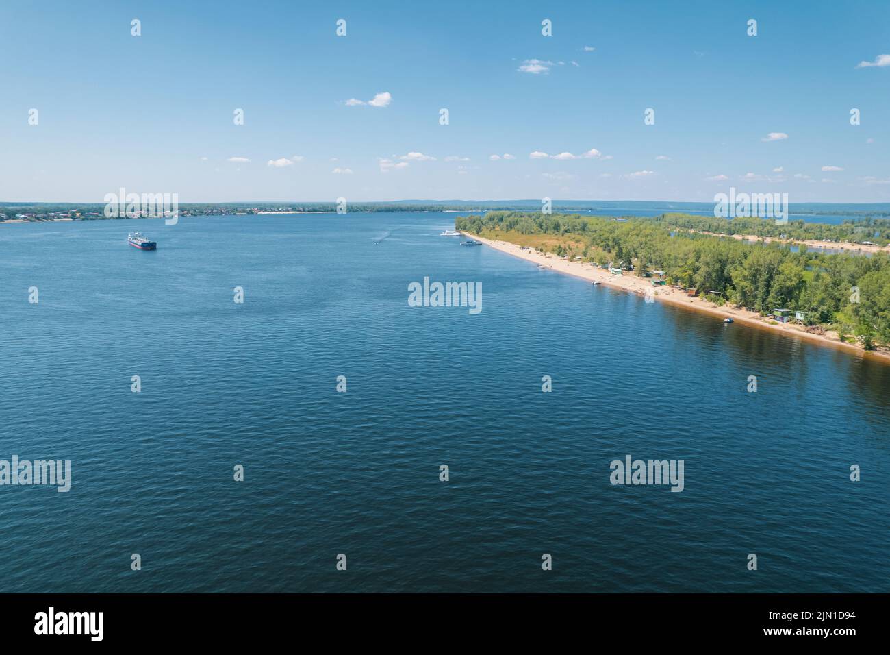 Aerial landscape view on Volga river with islands and green forest ...