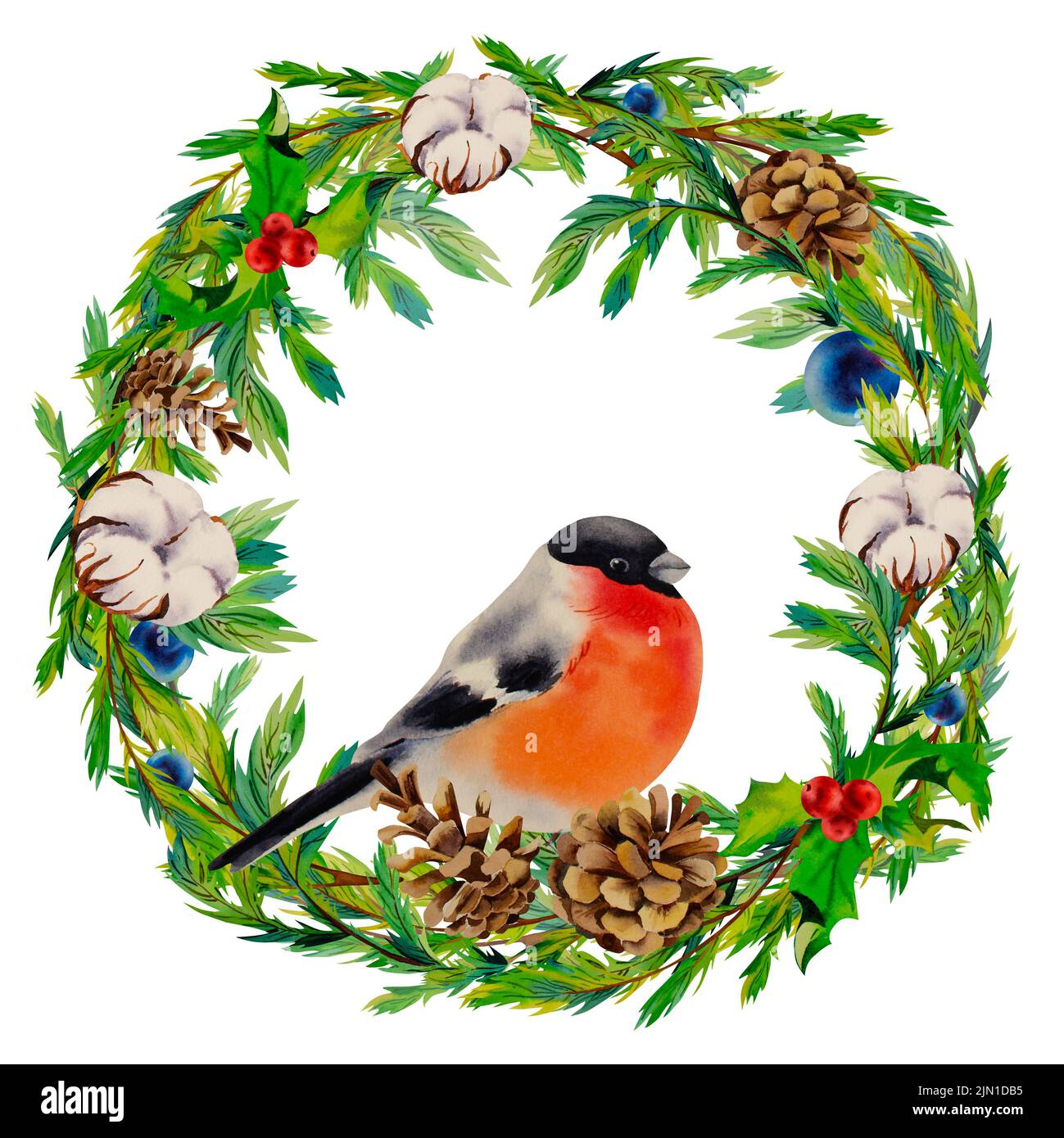 New Year's wreath with bullfinch and cones, Watercolor illustration on ...