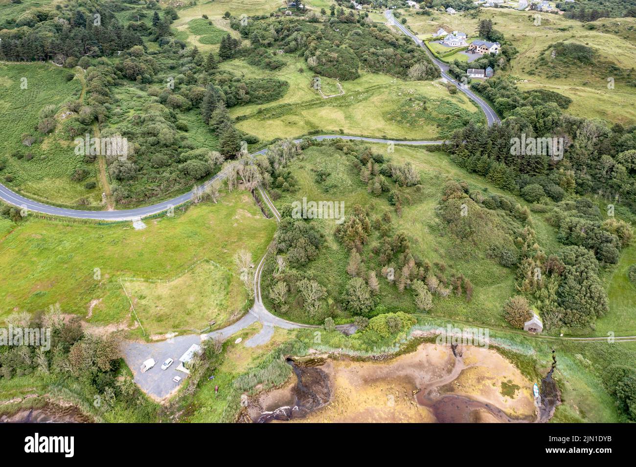 Aerial of the mouth of the Fintragh river at Fintra beach by Killybegs ...