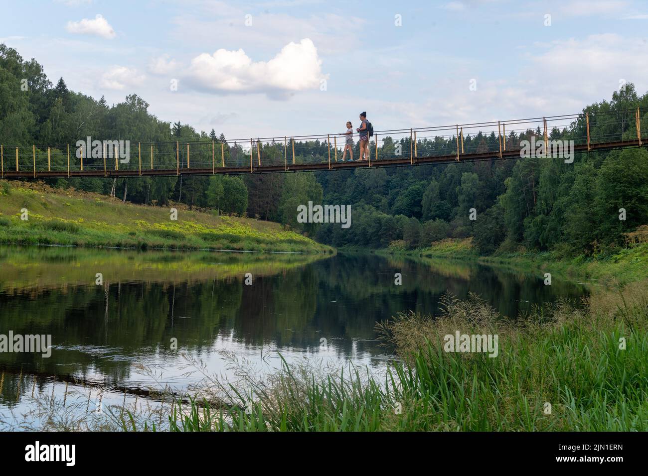 Moscow region. The suspension bridge through the Moskva River connects ...