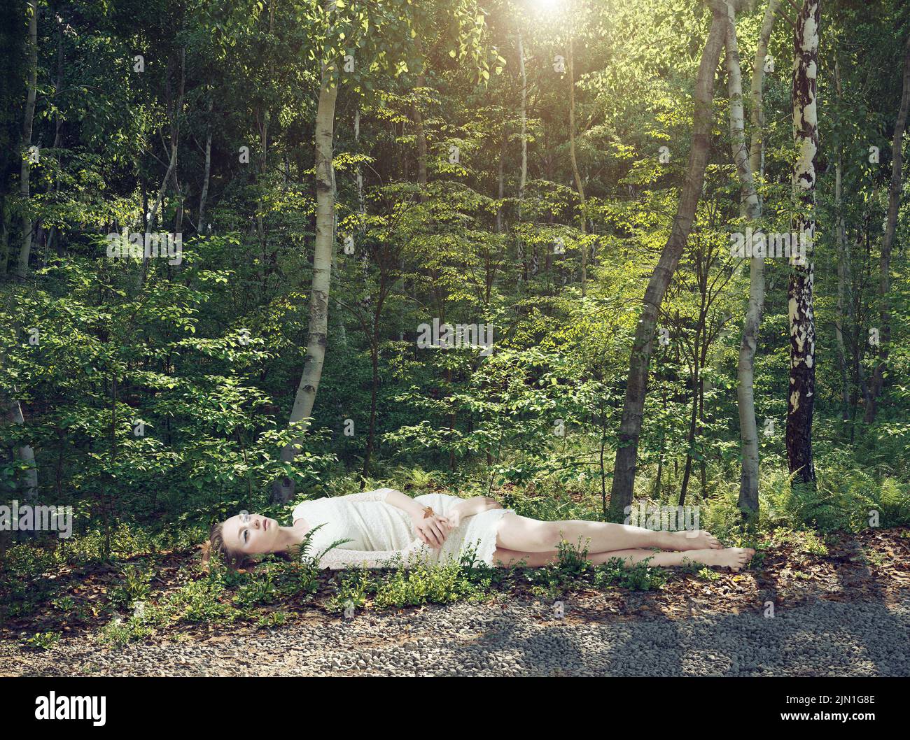 the woman sleeping in the forest. Conceptual 3d and photo mix ...