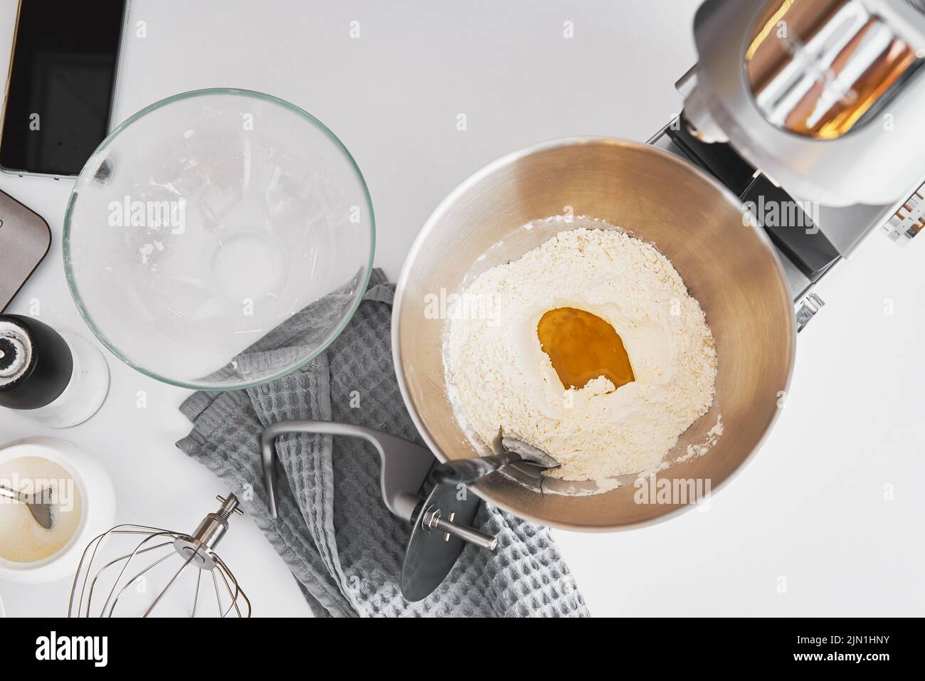 Preparing dough at kitchen, Food processor bowl with flour and ...