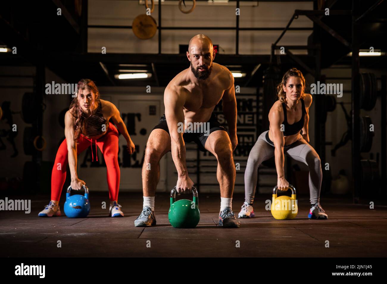 Fit group people in exercise gear standing in a row holding dumbbells ...