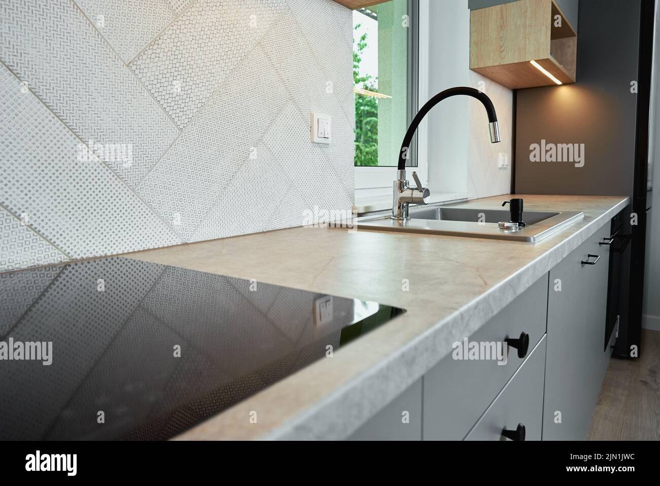 Modern kitchen with sink near window, Empty kitchen background with ...
