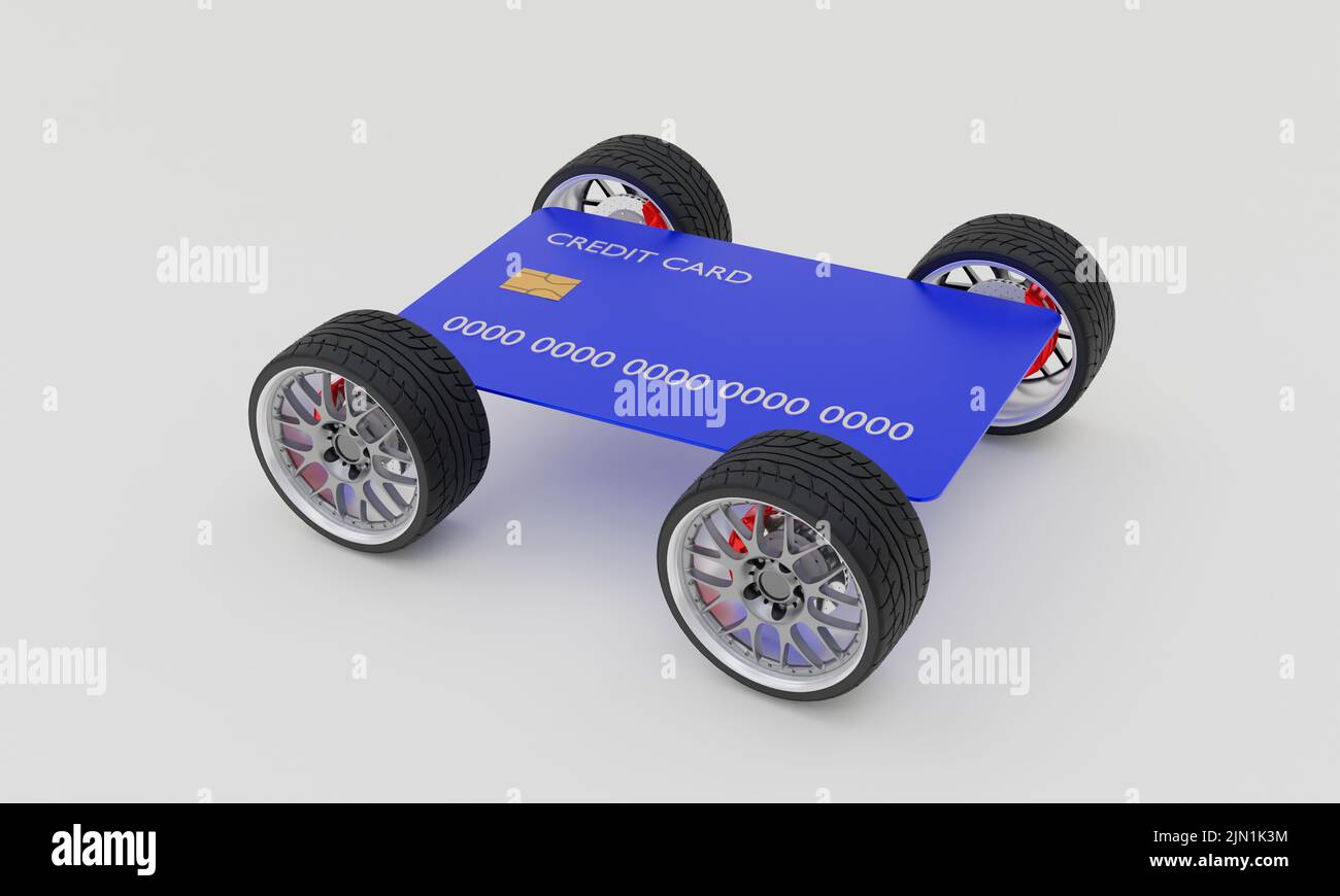 A 3d rendering of a credit card on car tires isolated on white ...