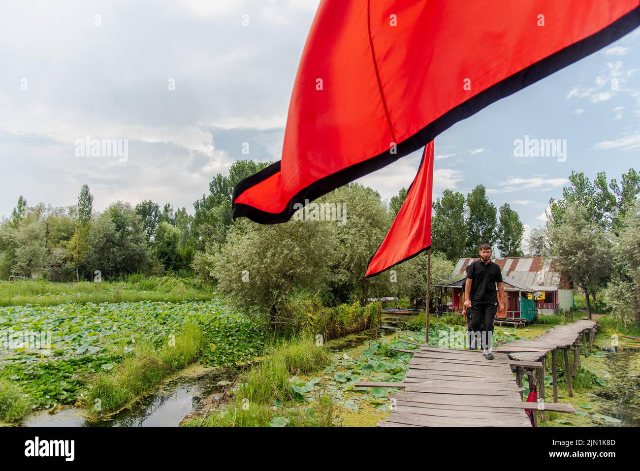 Srinagar, India. 08th Aug, 2022. Shia Muslim men walk along a wooden ...