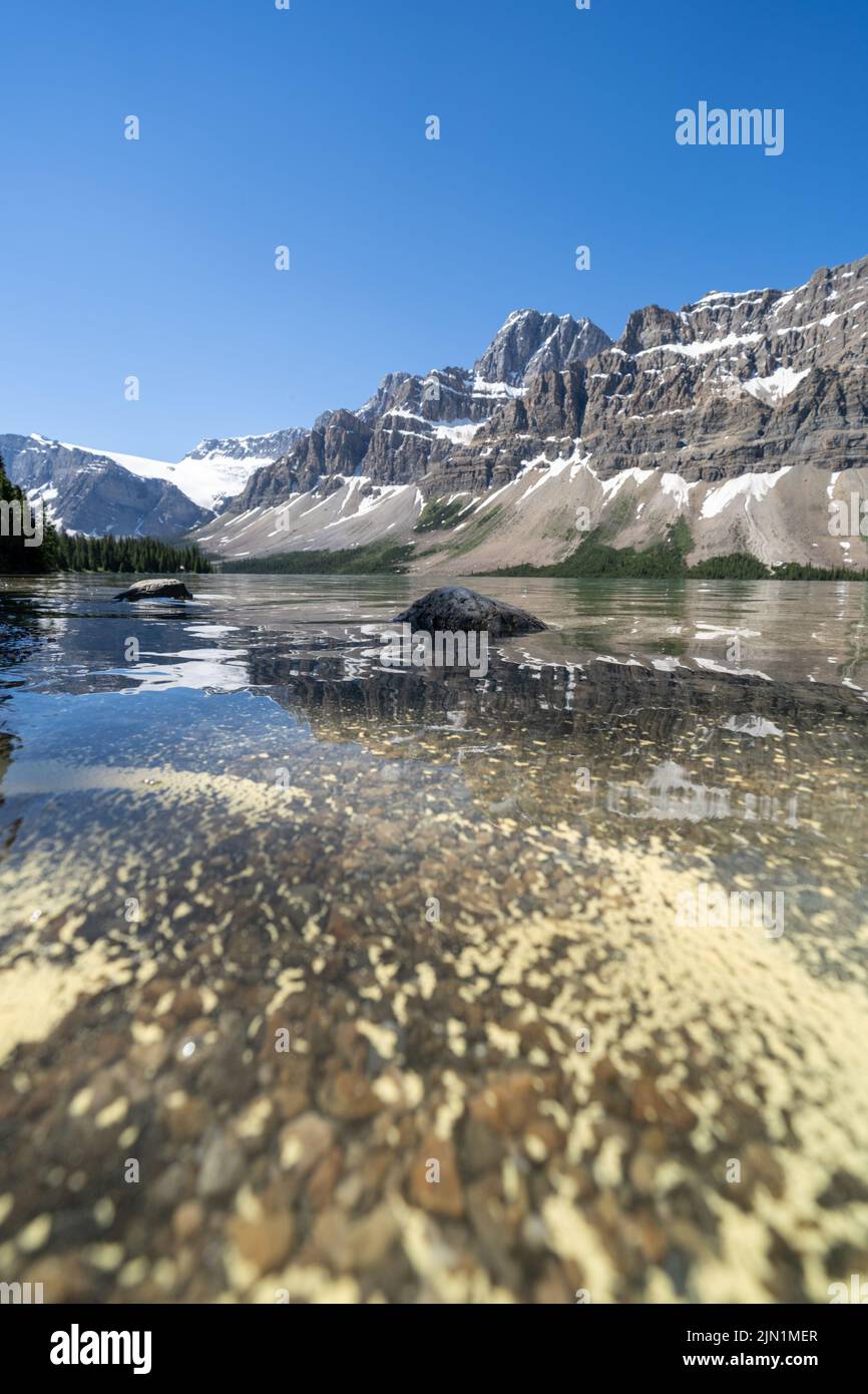 Calm water of Bow Lake in Banff National Park, along the Icefields ...