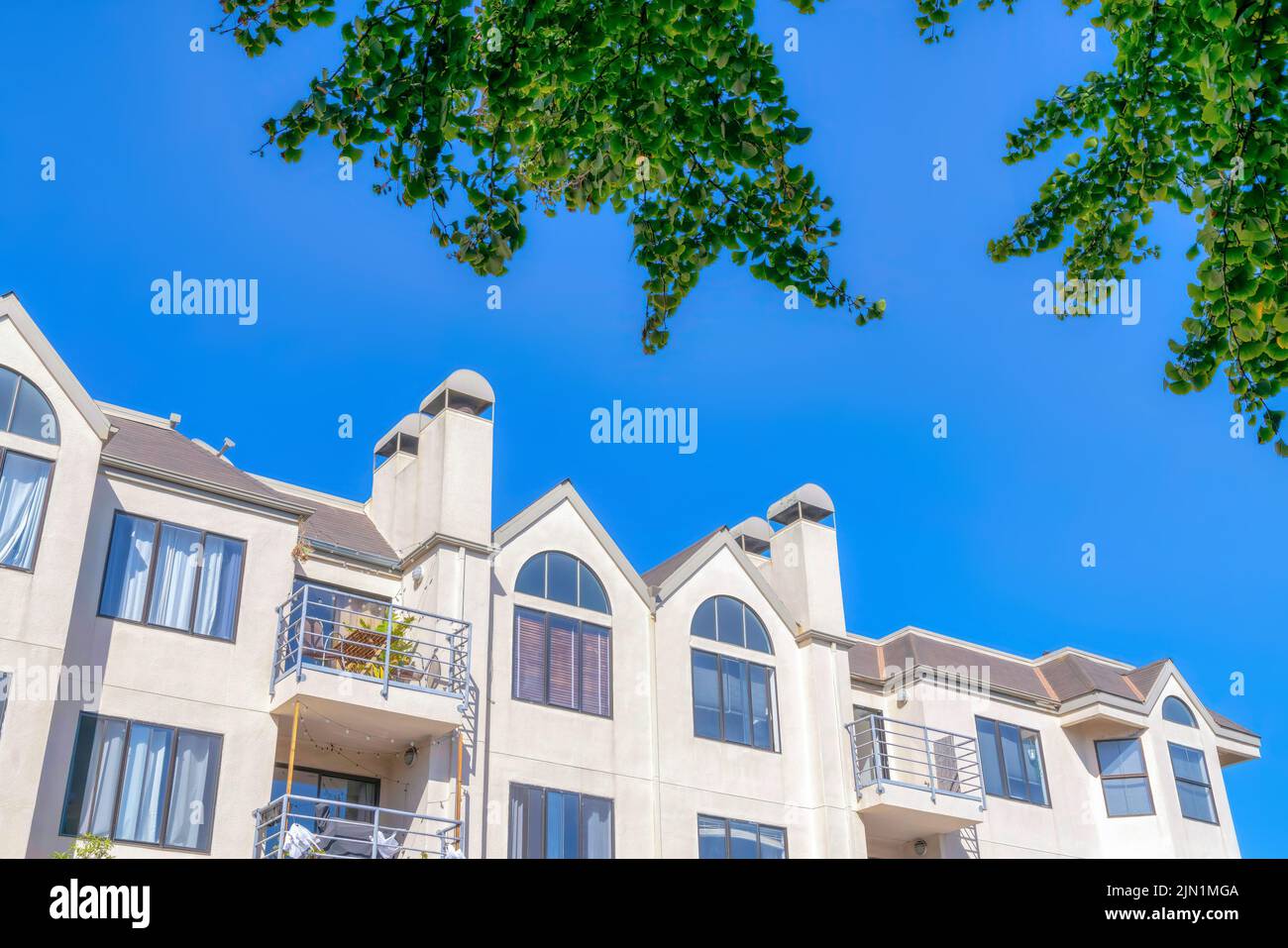 Apartment building with balconies in a low angle view at San Francisco ...
