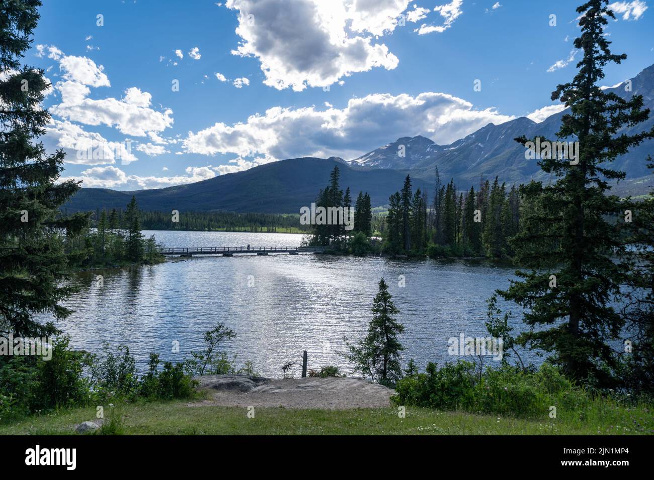 Bridge across Pyramid Lake in Jasper National Park Canada Stock Photo ...
