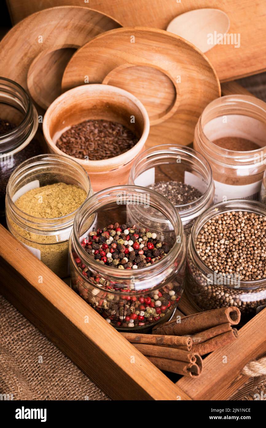 herbs and spices. cinnamon, pepper mix, flax seeds, chia and coriander ...
