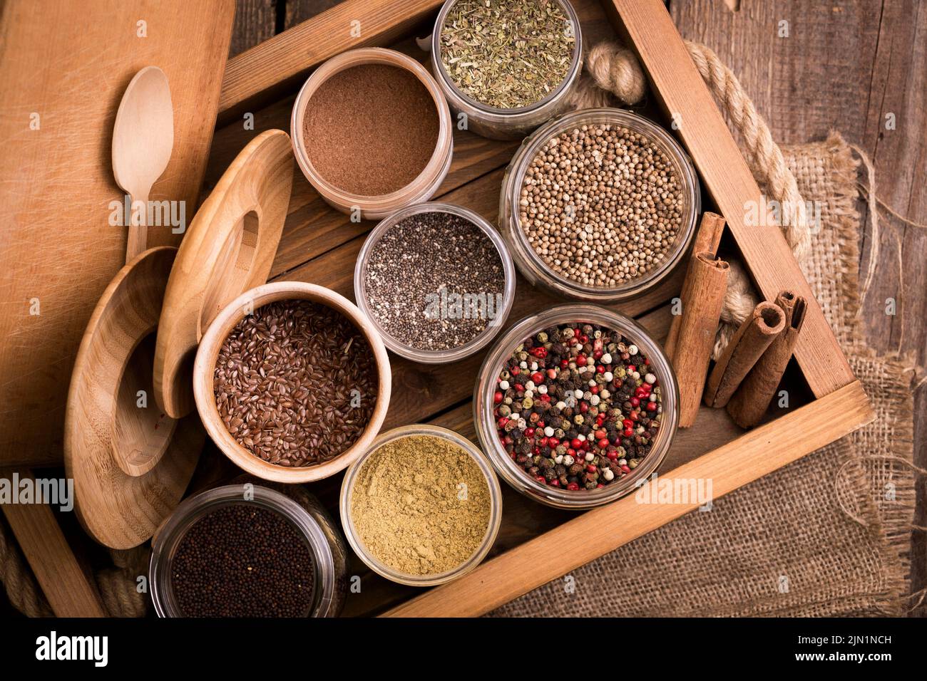 herbs and spices. cinnamon, pepper mix, flax seeds, chia and coriander ...