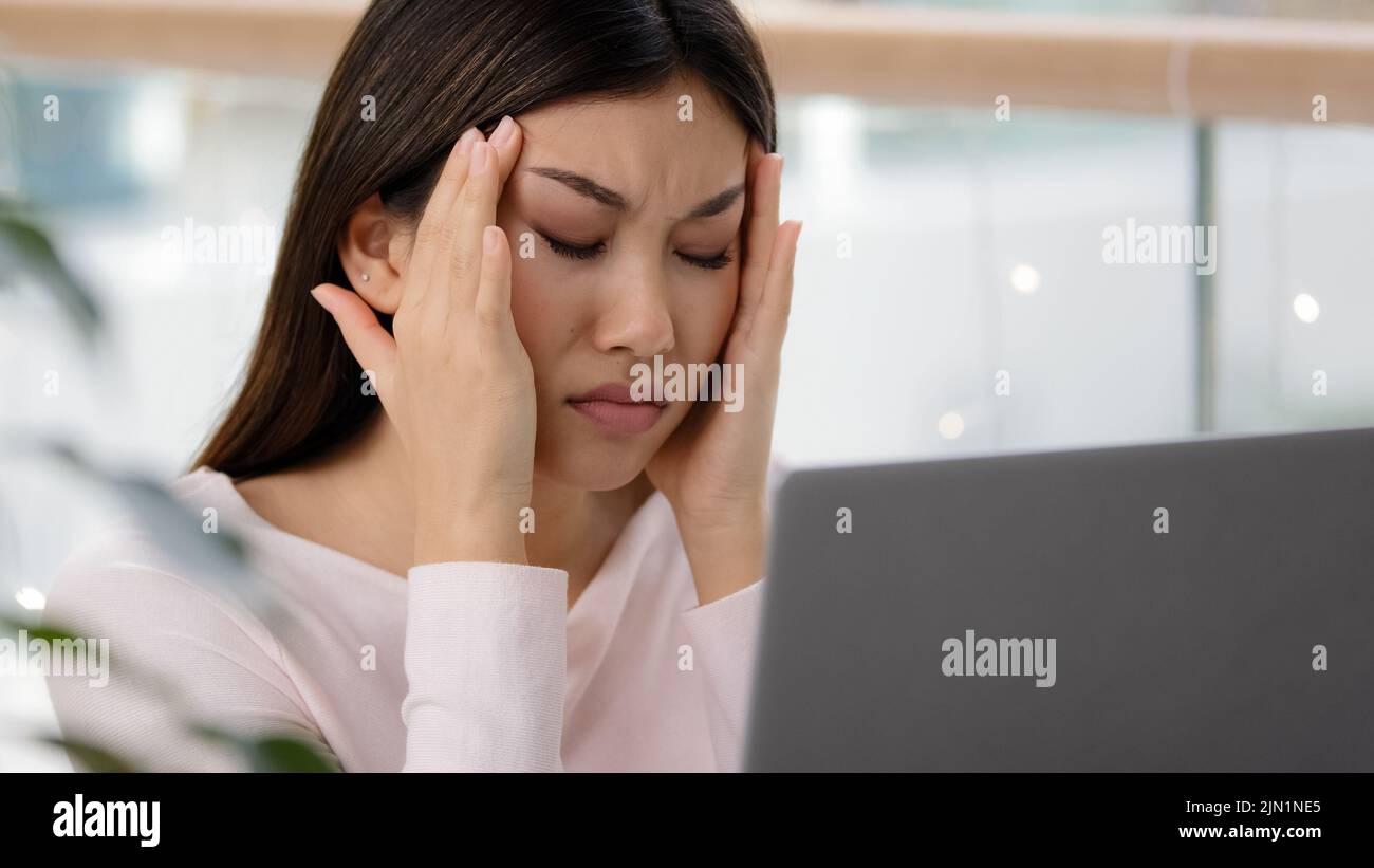 Close up headshot Asian korean lady sick ill chinese girl stressful ...