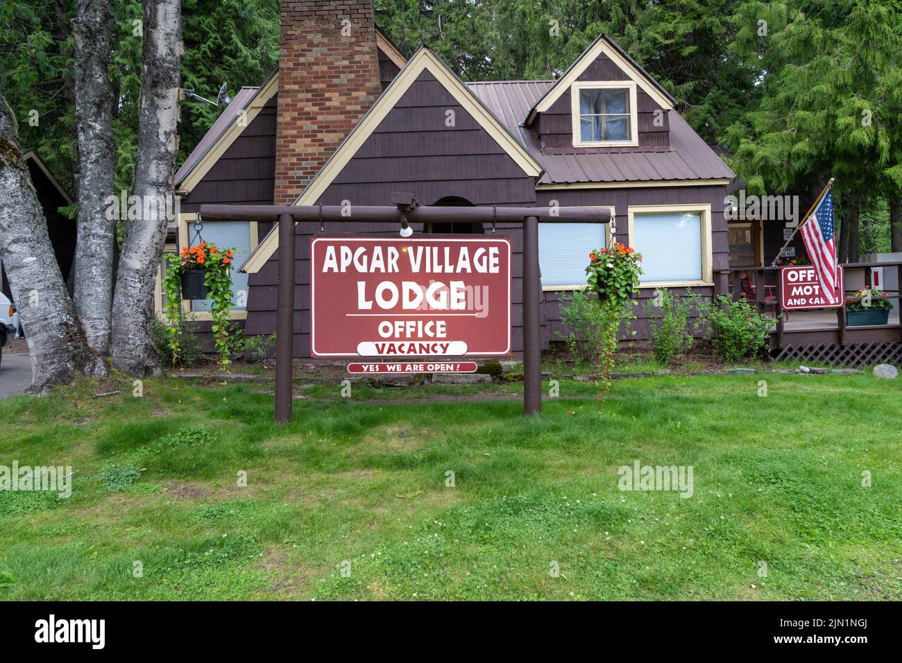 Montana, USA - July 3, 2022: Sign and office for the Apgar Village ...
