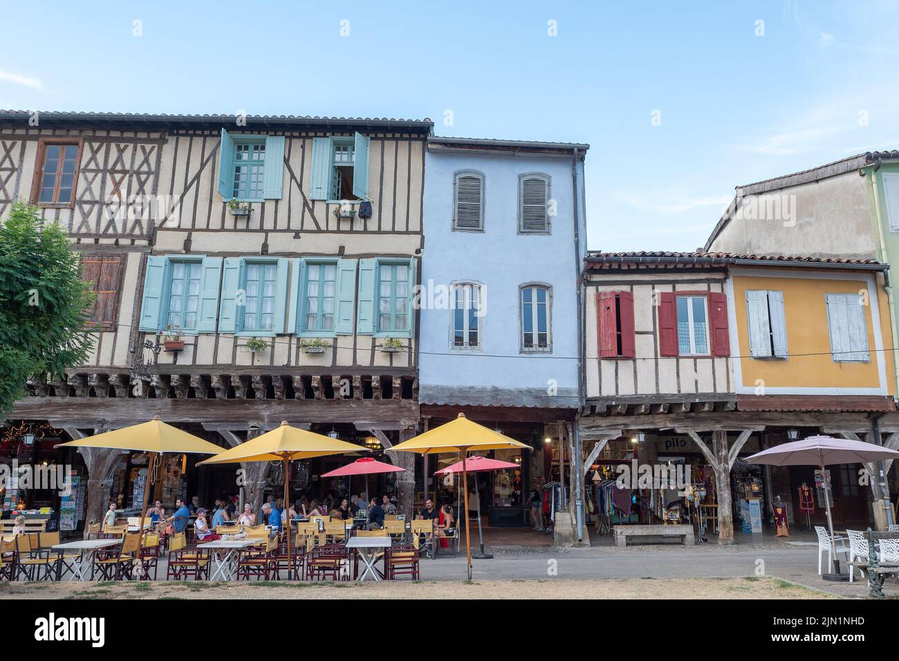 MIREPOIX, FRANCE - AUSGUT 3, 2022: People in the main square of ...