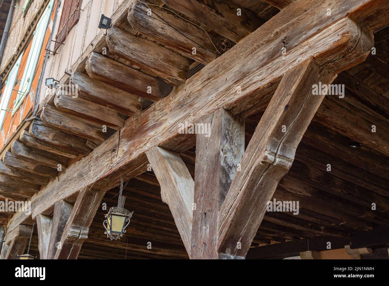 Old framework houses at main square of medieval village Mirepoix in ...
