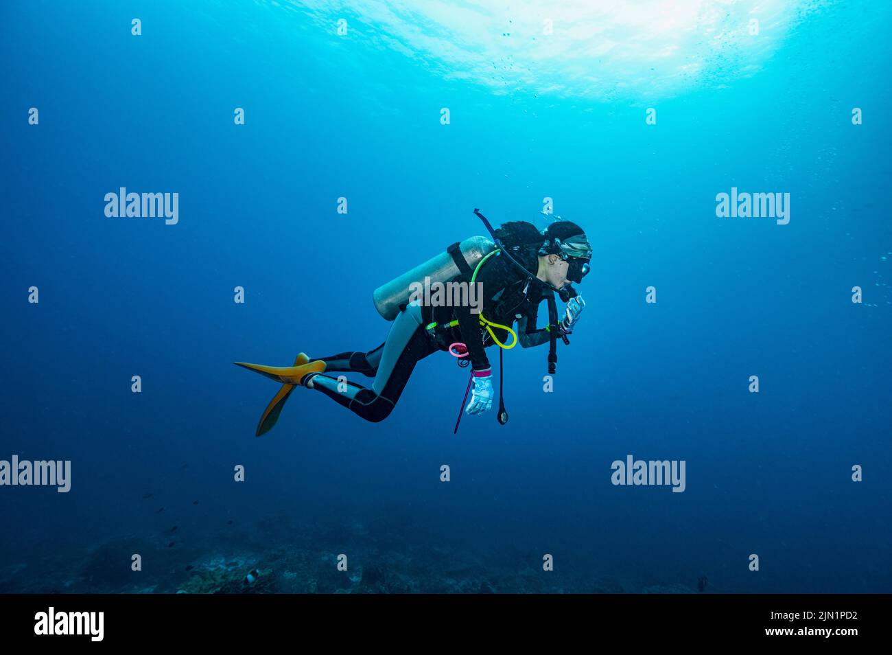 Diver emerging into the tropical waters of the Andaman Sea Stock Photo ...