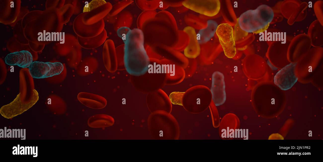 Medical human healthcare. Red blood cells arterywith bacteria virus ...