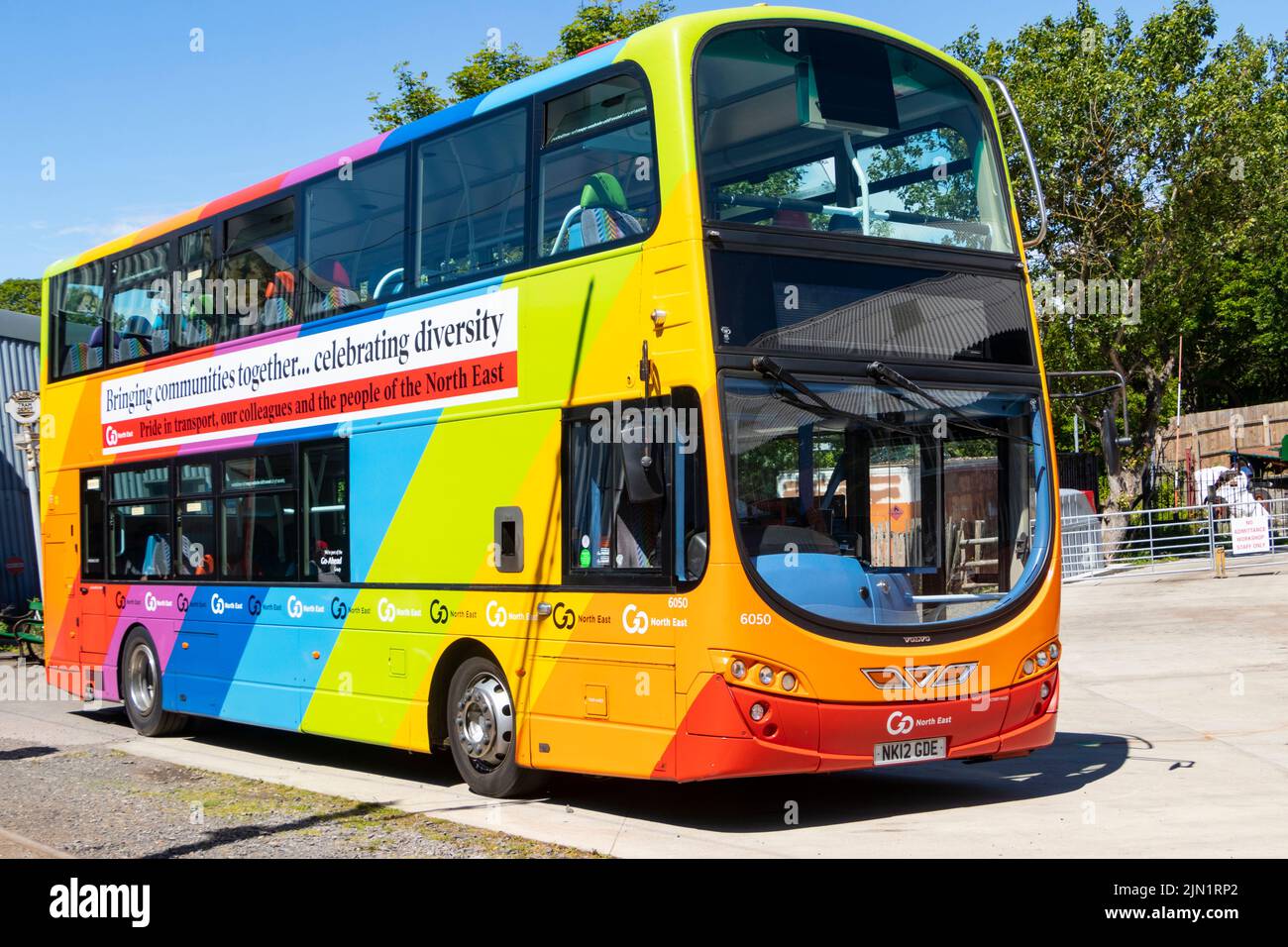 double decker bus in pride rainbow stripes colours at Beamish County ...