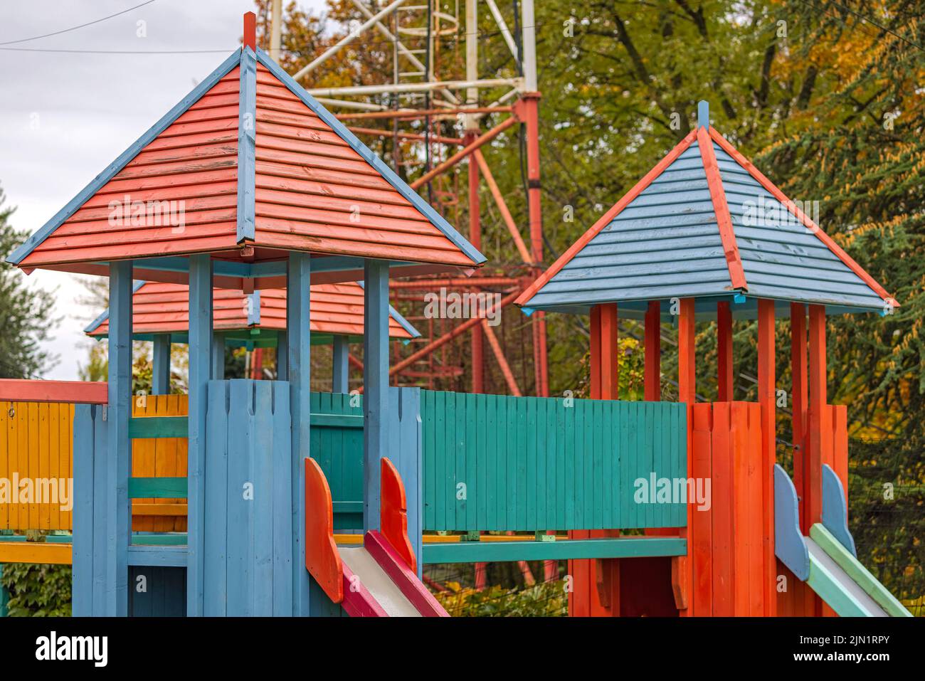 Slide and Bridge in Wooden Castle Playground for Kids Stock Photo - Alamy